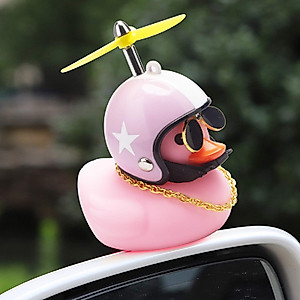 wonuu Pink Duck Car Dashboard Decorations Rubber Duck Car Ornaments Cool Duck with Propeller Helmet Sunglasses Gold Chain (Pink Hat White Star)