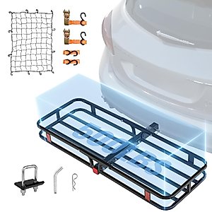 VEVOR 53 x 19 5 in Hitch Cargo Carrier, 500lb Capacity Trailer Mount Basket, Steel Luggage Carrier Rack Fits 2'' Receiver for SUV Truck Pickup with Net, Stabilizer, Straps, Black