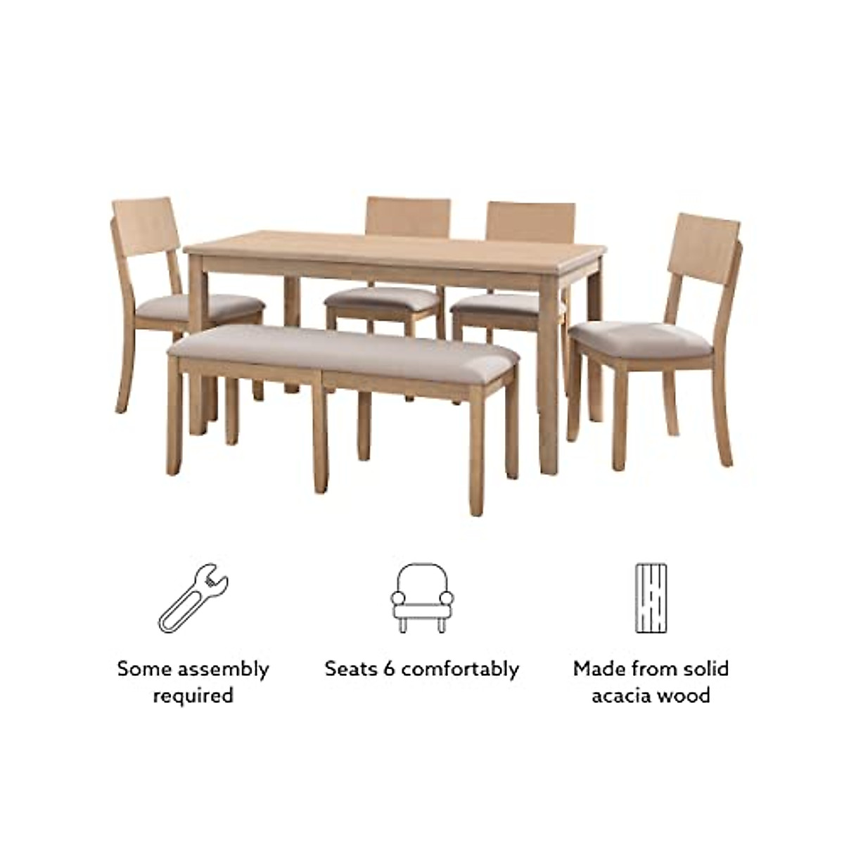 Linon Greywash with Grey Linen Upholstered Seat Includes Table Four Chairs Bench Carter Six Piece Dining Set
