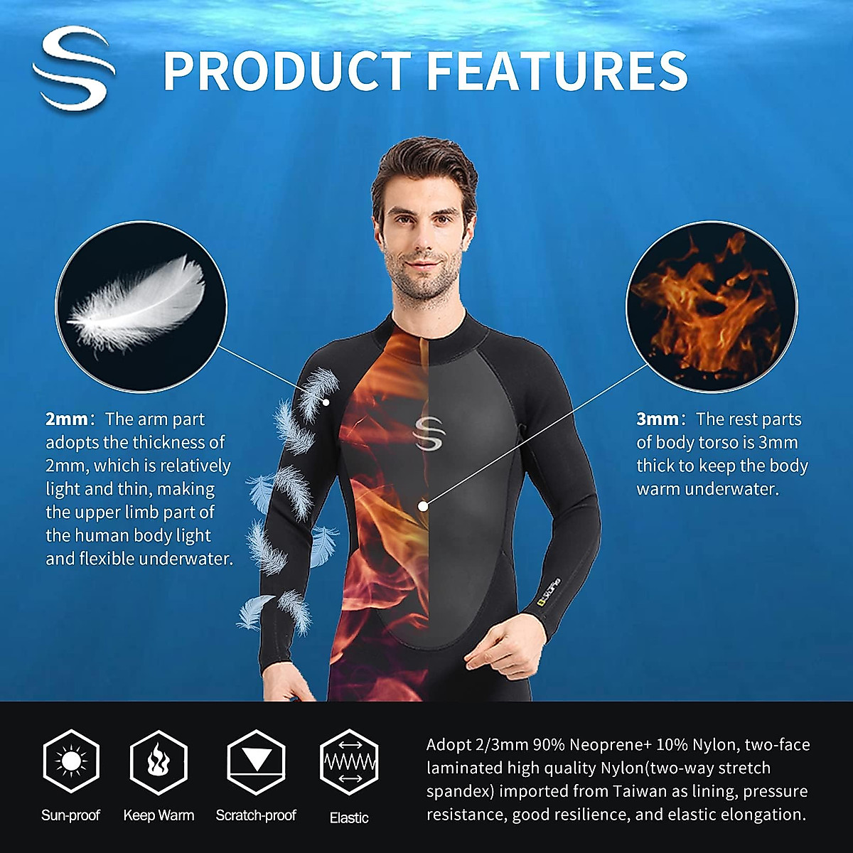 Dizokizo Wetsuit Men 3mm Neoprene Long Sleeves Full Wetsuit for Diving Surfing Kayaking Snorkeling
