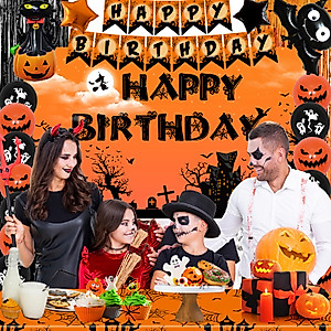 Halloween Birthday Party Decorations for Kids Adults, Halloween Themed Birthday Decorations Scary Happy Birthday Banner Balloons Tablecloth Foil Fringe Curtain, Halloween Party Supplies Indoor Outdoor