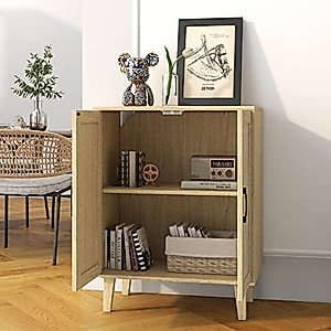 Panana Buffet Cabinet Sideboard with Rattan Decorated Doors Kitchen Storage Cupboard Accent Cabinet (Natural Wood)