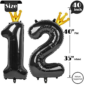 Black Number 12 Balloon 40 in, 12 Number Balloon, 12th Black Birthday Decorations, 12 Year Old Girl Boy Party Suppliers