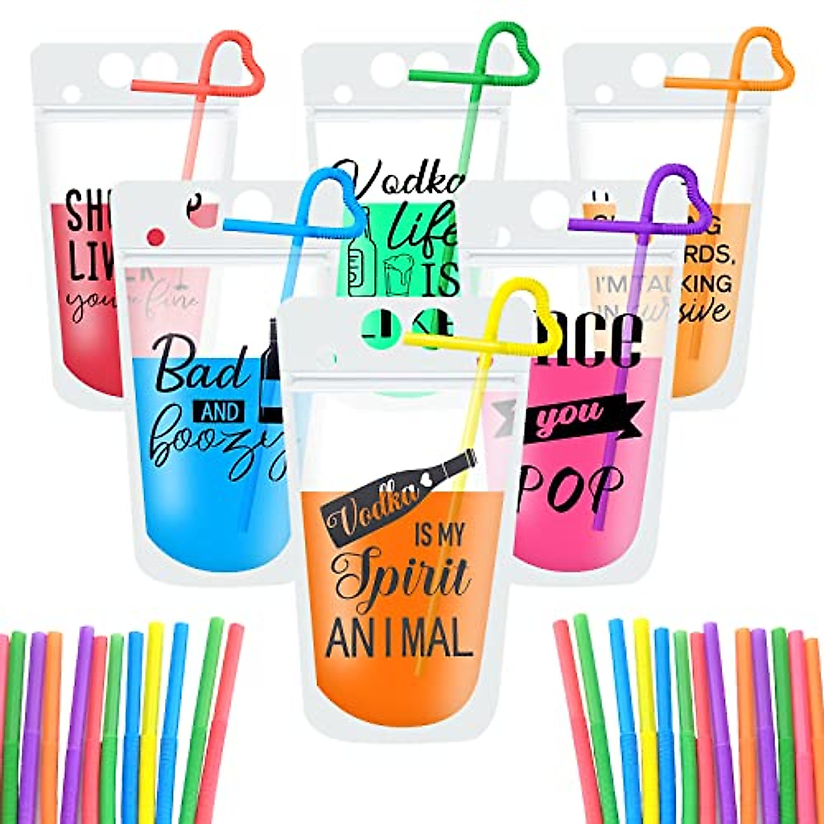 48pc Drink Pouches with Straws, Stand-Up Plastic Drink Pouches for Adults Bags with Zipper Party Beverage Bags Juice Pouches for Smoothie, Cold & Hot Drinks with 48 Drink Straws(48 Sets,6 Styles)