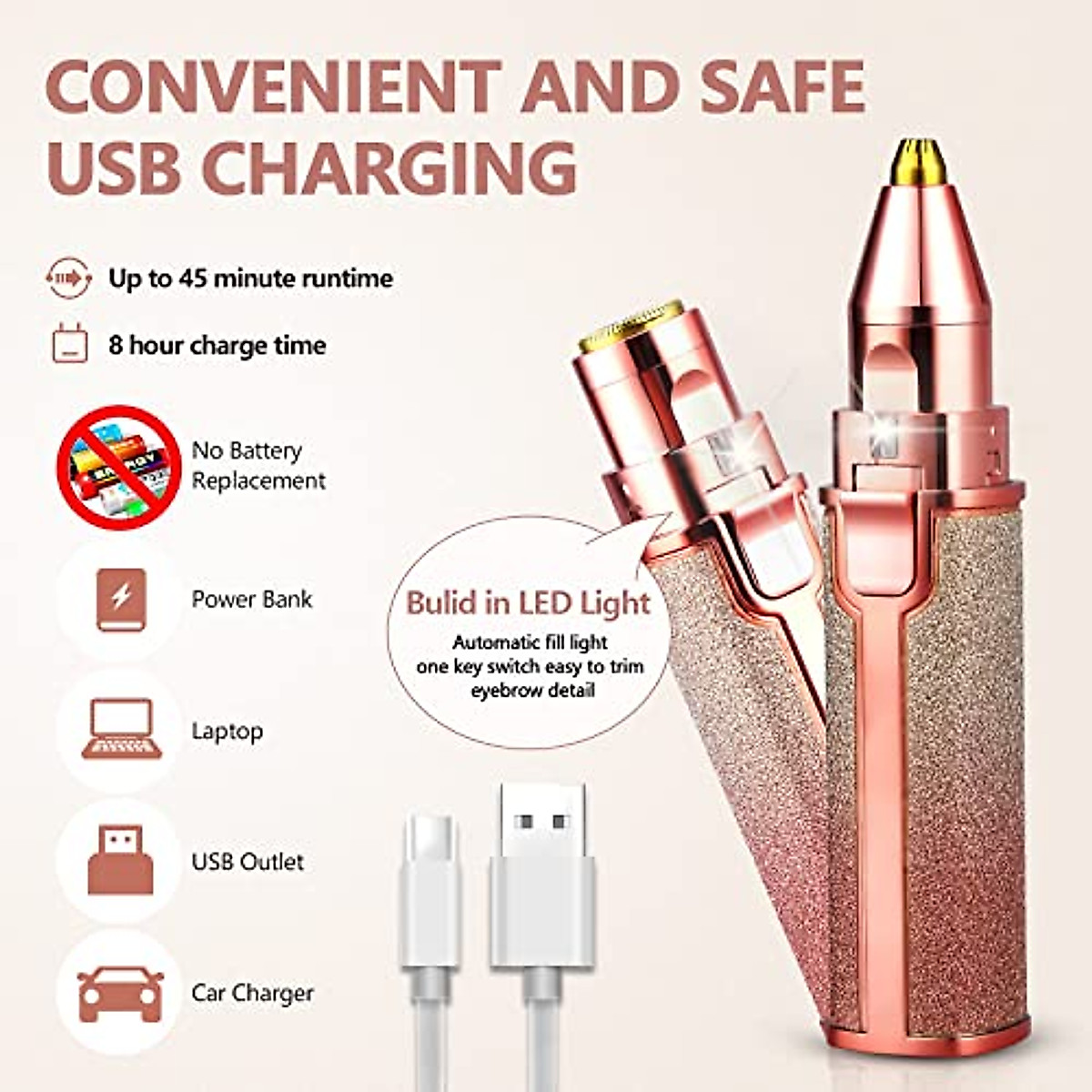 Women's Facial Eyebrow Trimmer, CkeyiN 2 in 1 USB Rechargeable Painless-Precision Eyebrow Remover Eyebrow Razor Tool with Built-in LED Light Facial Trimmer for Nose, Lips, Body