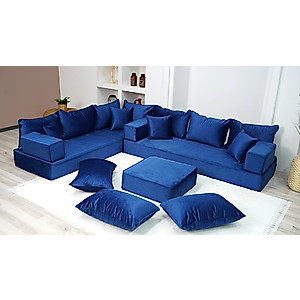 8" Thickness Fabric Royal Blue L Shaped Couch, Moroccan Livingroom Floor Couch, Velvet Sofa Cover, Sofa Bed, Velvet Arabic Seating (L Sofa + Ottoman + Pillows)