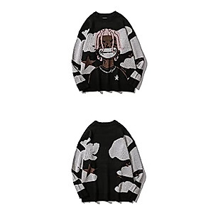 Cartoon Anime Knitted Sweater Men Winter Oversized Men's Rock Hip Hop Rap Pullover Women Jumper Ugly Sweater (Black,L,Large)