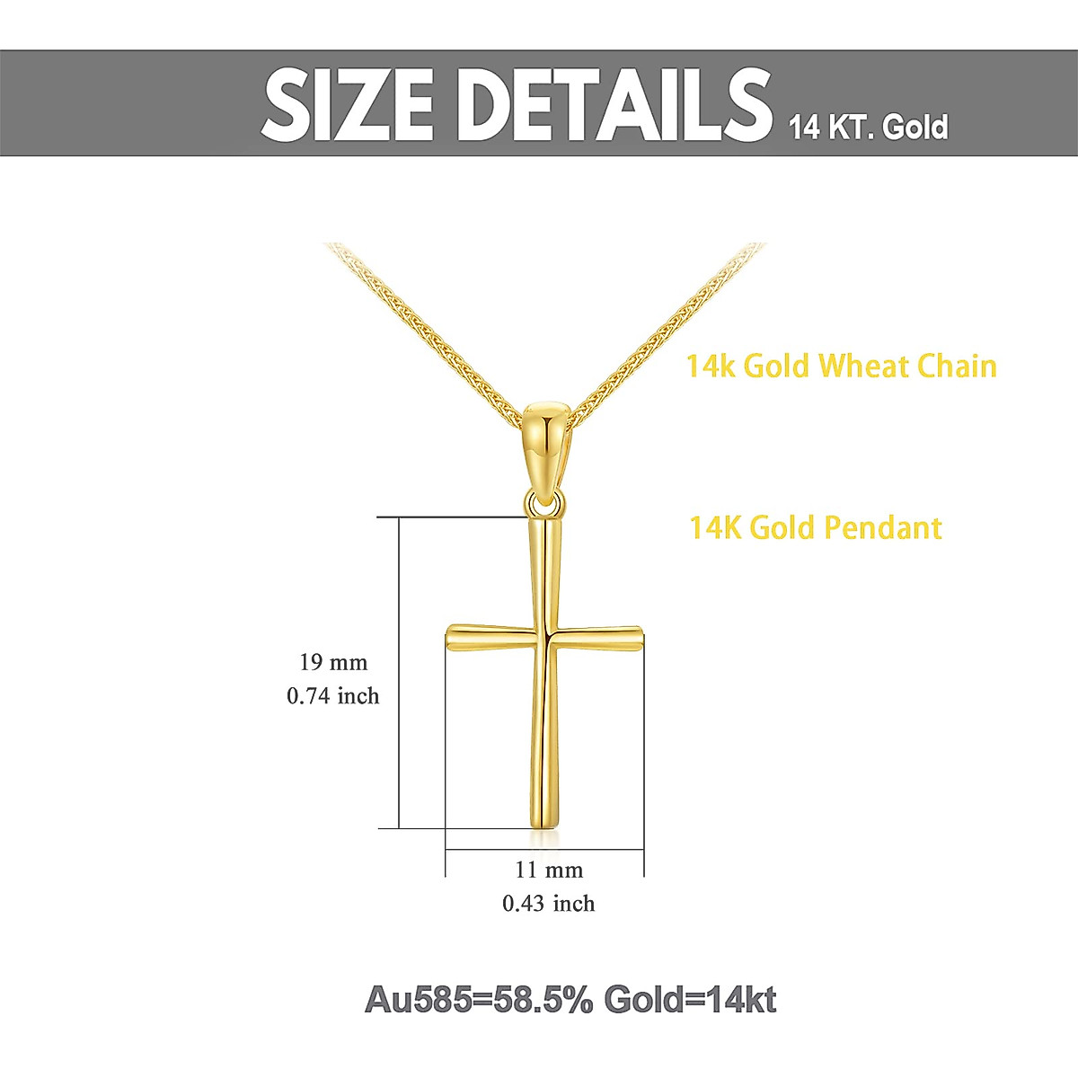 14k Gold Cross Pendant and Wheat Chain Necklace for Women, Baptism Jewelry Confirmation Gifts for Her, 18 inch
