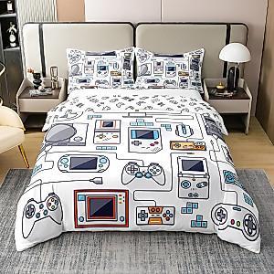 100% Cotton Gamer Bedding Sets for Boys,Gaming Duvet Cover Set Full Size,Boys Video Games Comforter Cover,Gamepad Designs Bed Set for Teen Boys Bedroom,Joystick Controller,3 Pcs with 2 Pillow Shams