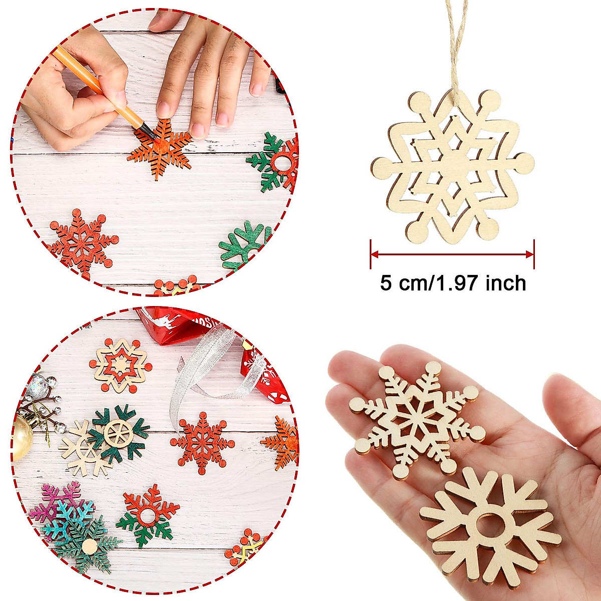 100 Pcs Christmas Unfinished Wooden Snowflake Ornaments Snowflake Hanging Cutouts Blank Wood Slices with Cord Craft Embellishments for Xmas Tree Decorations