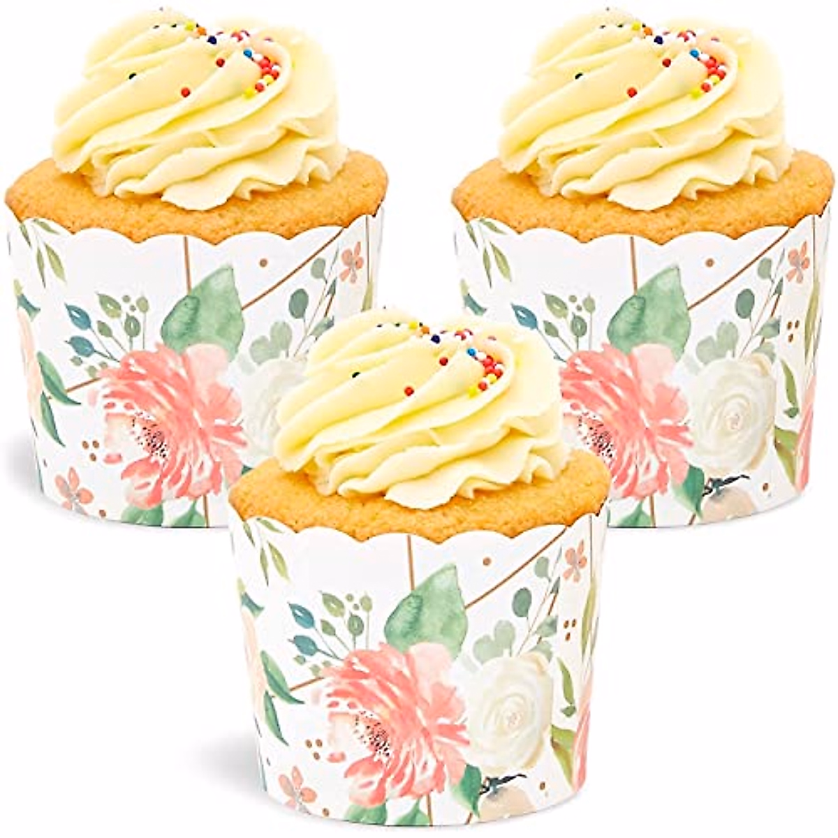 50 Pack Floral Cupcake Wrappers for Wedding, Watercolor Flower Paper Baking Cups and Muffin Liners for Tea Party (2.25 x 2.75 In)