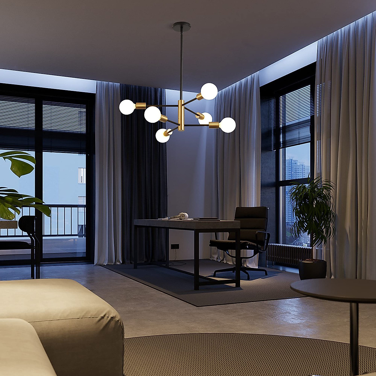 KAISITE Modern Sputnik Chandelier - 6 Light Chandelier Light Fixture Height Adjustable Mid Century Ceiling Chandelier Plating Finished Black and Gold Chandelier for Kitchen Bedroom and Foyer