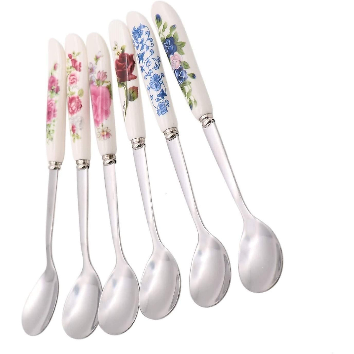 Aiptosy 6 Pack Stainless Steel Coffee Spoon Ceramic Handle Teaspoon Sugar Spoon Ice Cream Desert Spoon Stirring Soup tableware