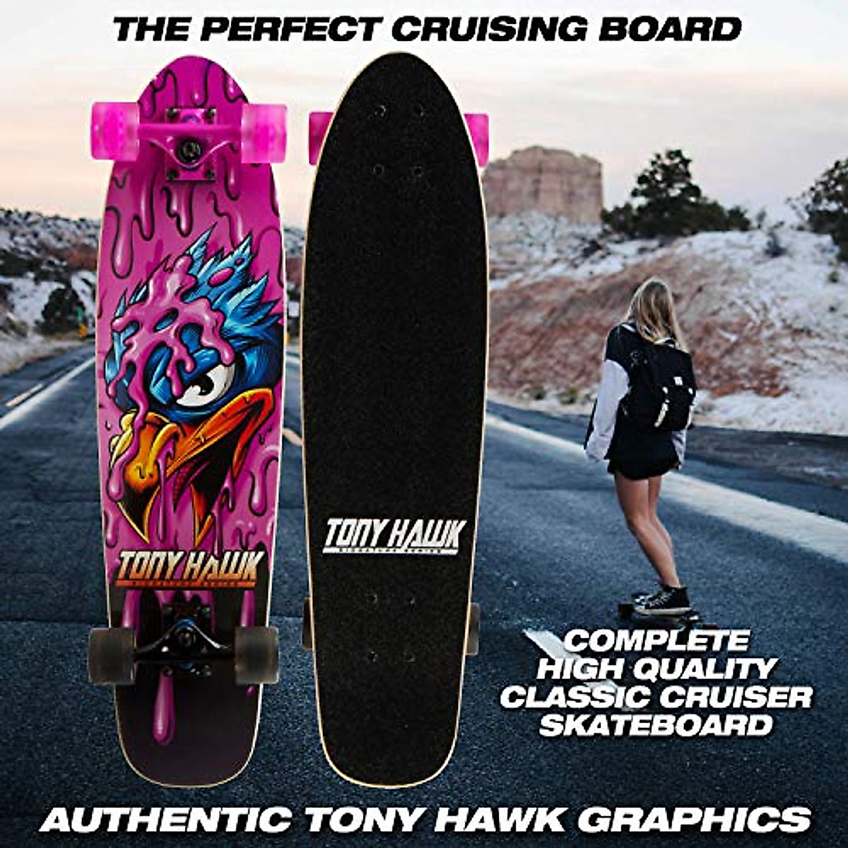 Tony Hawk 31" Complete Cruiser Skateboard, 9-ply Maple Deck Skateboard for Cruising, Carving, Tricks and Downhill, Pink Hawk