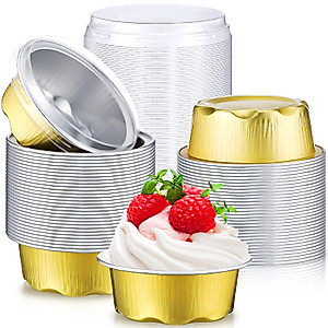 150 Pcs Baking Cups with Lids, 1.6 oz Muffin Cupcake Liners Aluminum Foil Mini Cake Pans Small Disposable Ramekins Flan Containers with Lids for Weddings, Birthday, Various Holiday (Gold)