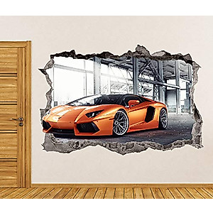 Lamborghini Wall Decal Smashed 3D Graphic Wall Sticker Art Mural Poster Kids Room Decor Gift UP29 (36"W x 24"H)