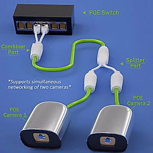 Ethernet Splitter, Waterproof PoE Combiner Splitter Adapter, Run 2 IP Cameras on 1 Network Cable