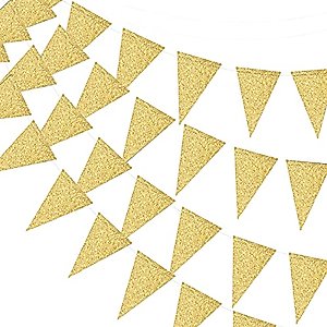 MerryNine Triangle Flag Bunting Banner, 3 Pack 30 Feet Vintage Style Pennant Banner for Wedding, Baby Shower, Event & Party Supplies 45pcs Flags (Triangle Flag - Gold Glitter)