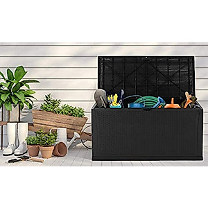 Oakmont 120 Gallon Patio Deck Box, Outdoor Large Resin Wicker Storage Container Garden Furniture for Outdoor Cushions, Throw Pillows, Black