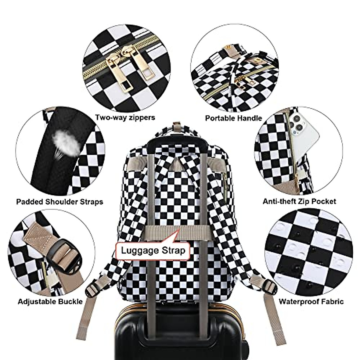 Kouxunt Checkered Laptop Backpack College Bookbag School Backpack for Women Girls, Travel Backpack 15.6 Inch Computer Backpacks