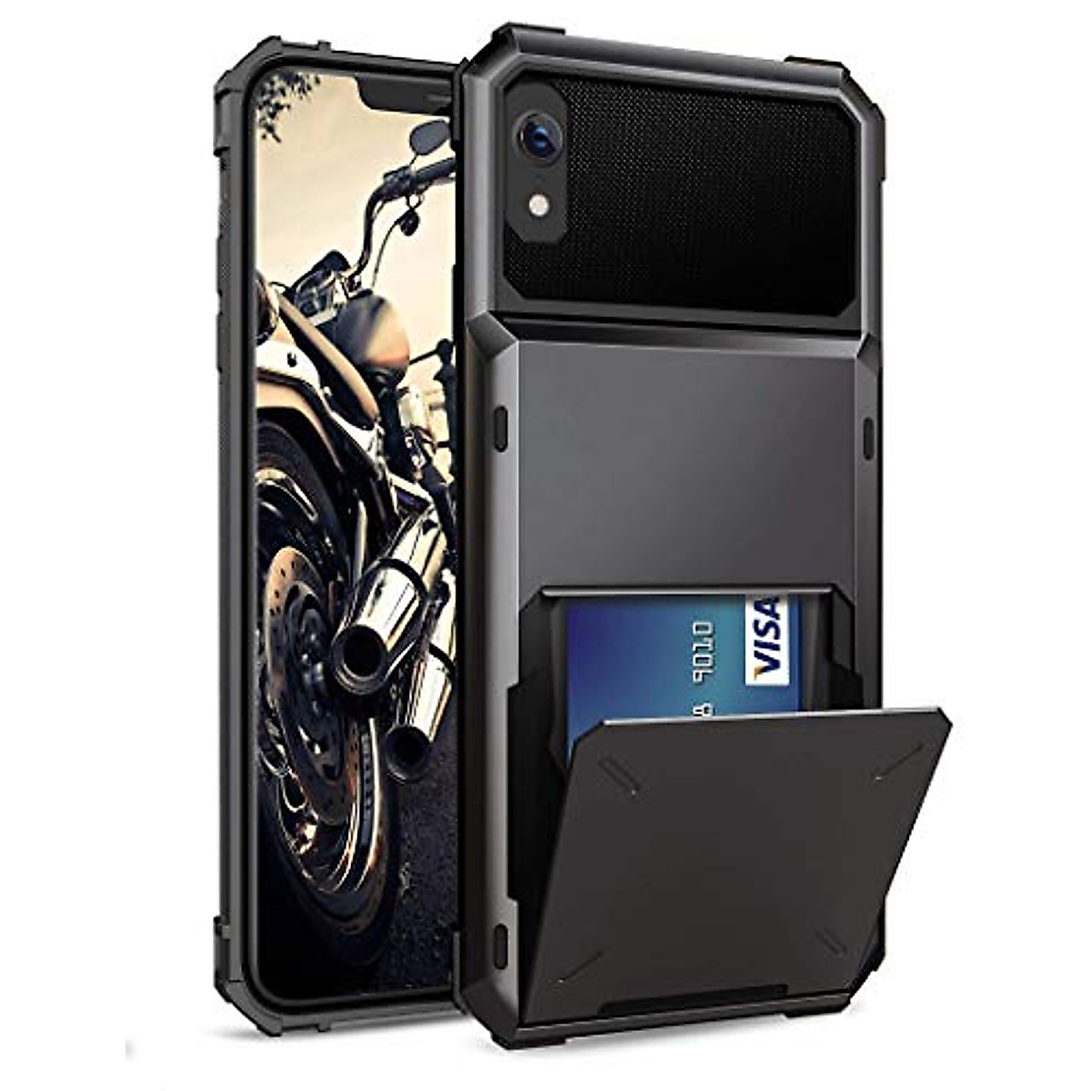 ELOVEN Case for iPhone XR Case Wallet with Card Holder Card Slot Hidden Credit Card ID Cover Shock Absorption Heavy Duty Drop Protection Rugged Bumper Protective Cover for Apple iPhone XR, Gun Metal
