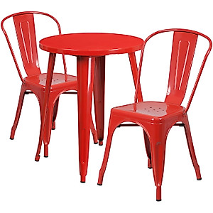 Flash Furniture Commercial Grade 24" Round Red Metal Indoor-Outdoor Table Set with 2 Cafe Chairs