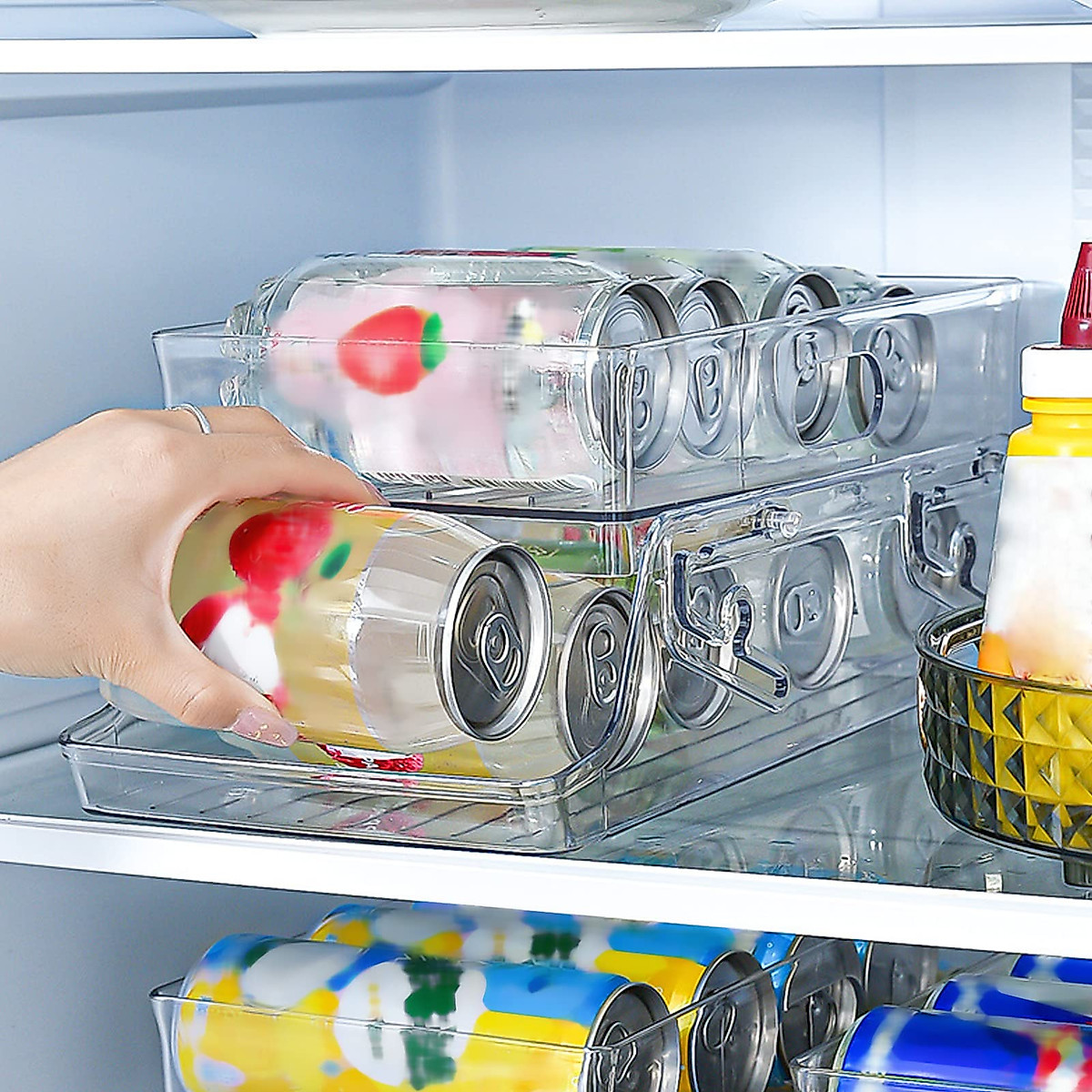 Beverage Can Organizer Bins for Refrigerator, Double Layers Soda Can Storage Organizer, Can Dispenser Beverage Holder, Plastic Food Pantry Storage Rack for Kitchen, Automatic Replenishment