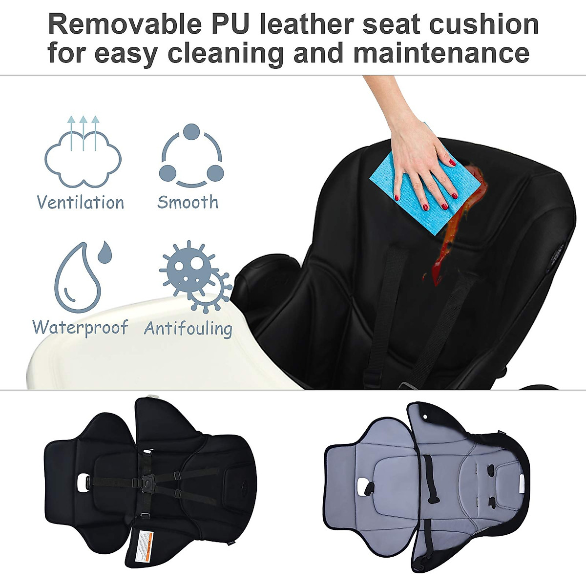 INFANS High Chair for Babies & Toddlers, Foldable Highchair with Multiple Adjustable Backrest, Footrest and Seat Height, Removable Tray, Detachable PU Leather Cushion, Built-in Rear Wheels (Black)