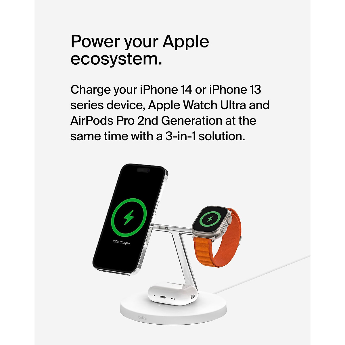 Belkin MagSafe Charger, 3-in-1 Wireless Charging Stand, 2ND GEN, 33% Faster for Apple Watch, iPhone 16, iPhone 15, iPhone 14 Series, AirPods - MagSafe Charging Station for Multiple Devices - White