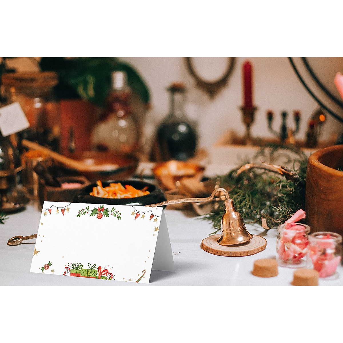 Christmas Place Cards (3.5 x 2 in) 25 pcs, Table Name Cards for Christmas Party, Seating Name Cards, Food Labels, Scored for Easy Folding, Christmas Party Supplies, Fiesta Party - SJK015