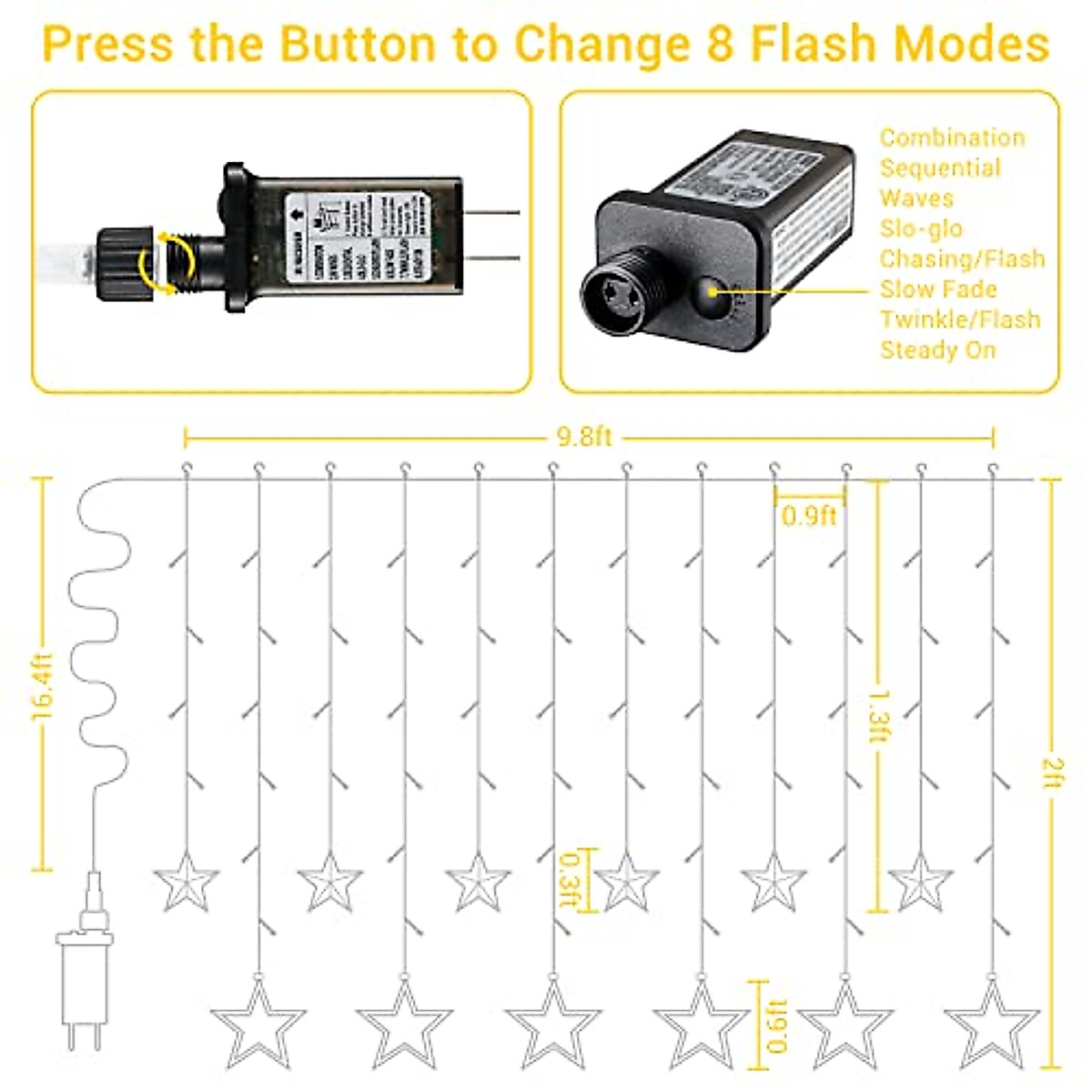 Star Curtain Lights - 150 LED 12 Stars Window Curtain String Lights with 8 Lighting Modes, Twinkle Fairy String Lights for Indoor Home Bedroom Garden Patio Porch Party Wedding Xmas Decor