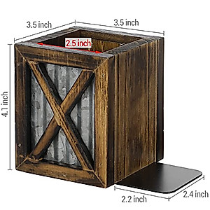 MyGift Rustic Burnt Wood Decorative Bookends, Wooden and Galvanized Metal Desktop Book Stands with Pen Holder Pencil Cup Stationery Storage Bins, 1 Pair