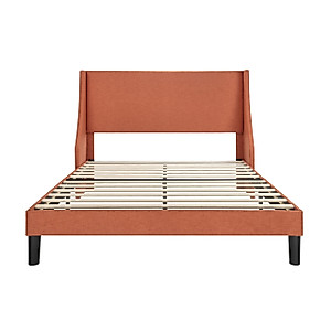 SHA CERLIN Upholstered Bed Frame Queen Size with Streamlined Wingback Headboard, Breathable Linen Fabric, Solid Wooden Slats, Easy Assembly, Orange