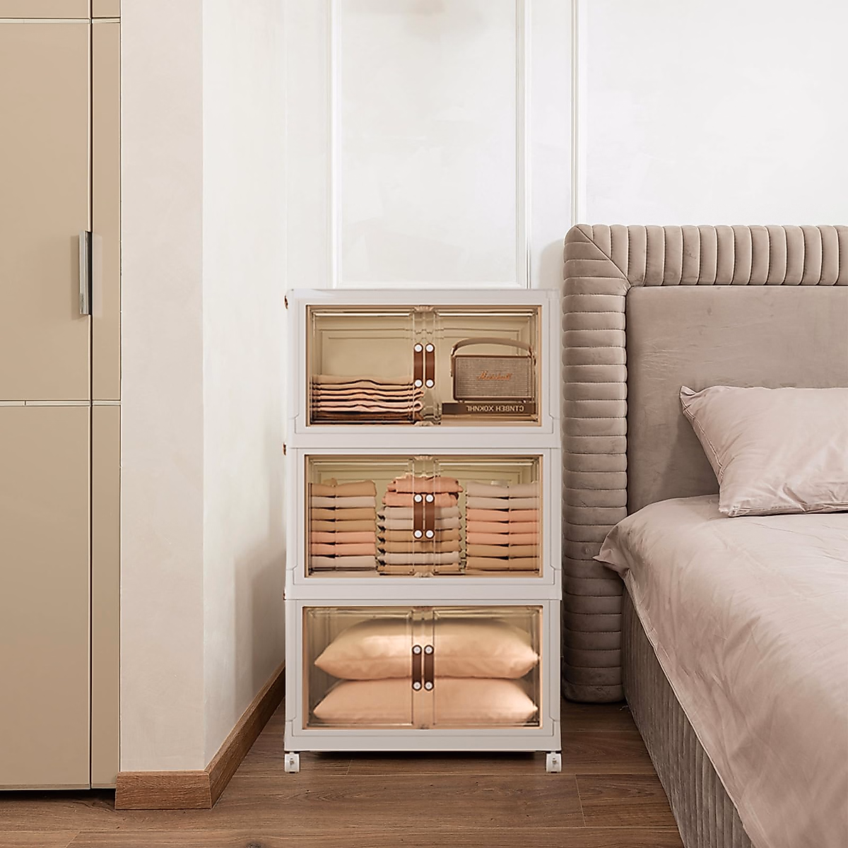 Stackable Storage Bins with Lids, MU TU HD Plastic Storage Cabinet Storage Box Collapsible Clothes Storage Containers with Doors Wardrobe Closet Organizers and Storage for Home (23.62*16.54*41.65")