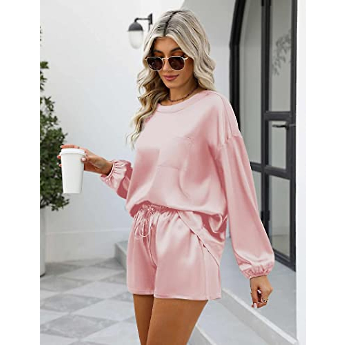 Ekouaer Womens Silk Satin Pajamas Set Long Sleeve Top Summer Soft Two Piece Pjs Silky Sleepwear Light Pink Small