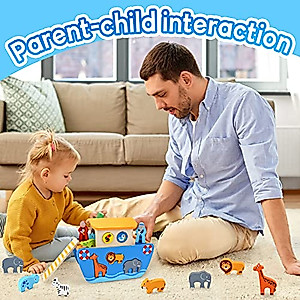 KMTJT Toddlers Wooden Noah's Ark Toy Animal Playset, Baptism Gifts for 1 2 3 Boys Girls, Shape Sorter Early Learning Montessori Toys with Bible Story Book for 12 18 24 Months Babies