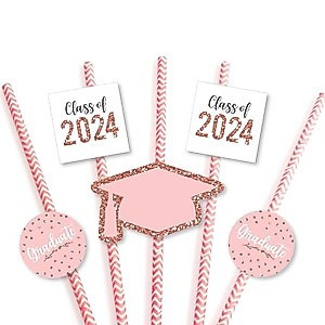 Big Dot of Happiness Rose Gold Grad - Paper Straw Decor - 2024 Graduation Party Striped Decorative Straws - Set of 24