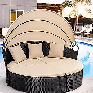 Homall Patio Furniture Outdoor Daybed with Retractable Canopy Rattan Wicker Furniture Sectional Seating with Washable Cushions for Patio Backyard Porch Pool Round Daybed Separated Seating (Beige)