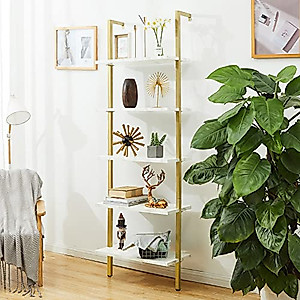 SUPERJARE Vanity Desk, Makeup Vanity with Stool & Tri-fold Lighted Mirror and Modern Ladder Shelf, 5-Tier Open Wall-Mounted Bookshelf with Stable Metal Frame