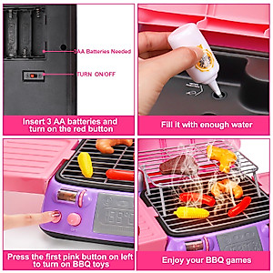 Kids BBQ Grill Playset Kitchen Toy Set with Pretend Smoke Sound Light Toddler Girls Pink Play Food Ages 2-4 3-5 4-8 Indoor Outdoor Cooking Barbecue Toys for 2 3 4 Year Old Girl Birthday Valentine Gift