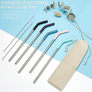 Senneny Set of 5 Stainless Steel Straws with Silicone Flex Tips Elbows Cover, 2 Cleaning Brushes and 1 Portable Bag Included (Silver)- 8mm diameter