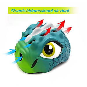 3D Cartoon Dinosaur Kid Safety Green Helmet with Rear LED Warning Light Adjusted Belt for Multi-Sport Bike Protective Gear Rollerblading Inlineskating Cycling Balance Use Youth Girls Boys 5-8 (Green)