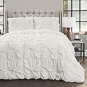 Lush Decor Bella Comforter Set Vintage Chic Style Ruched 3 Piece Bedding with Pillow Shams-Full Queen-White