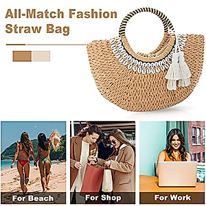 QTKJ Semi-circle Beach Rattan Straw Handbags with Tassels Pendant, Simple Retro Fashion Hand-woven Summer Beach Tote Straw Bag Purse with Sea Shell for Women