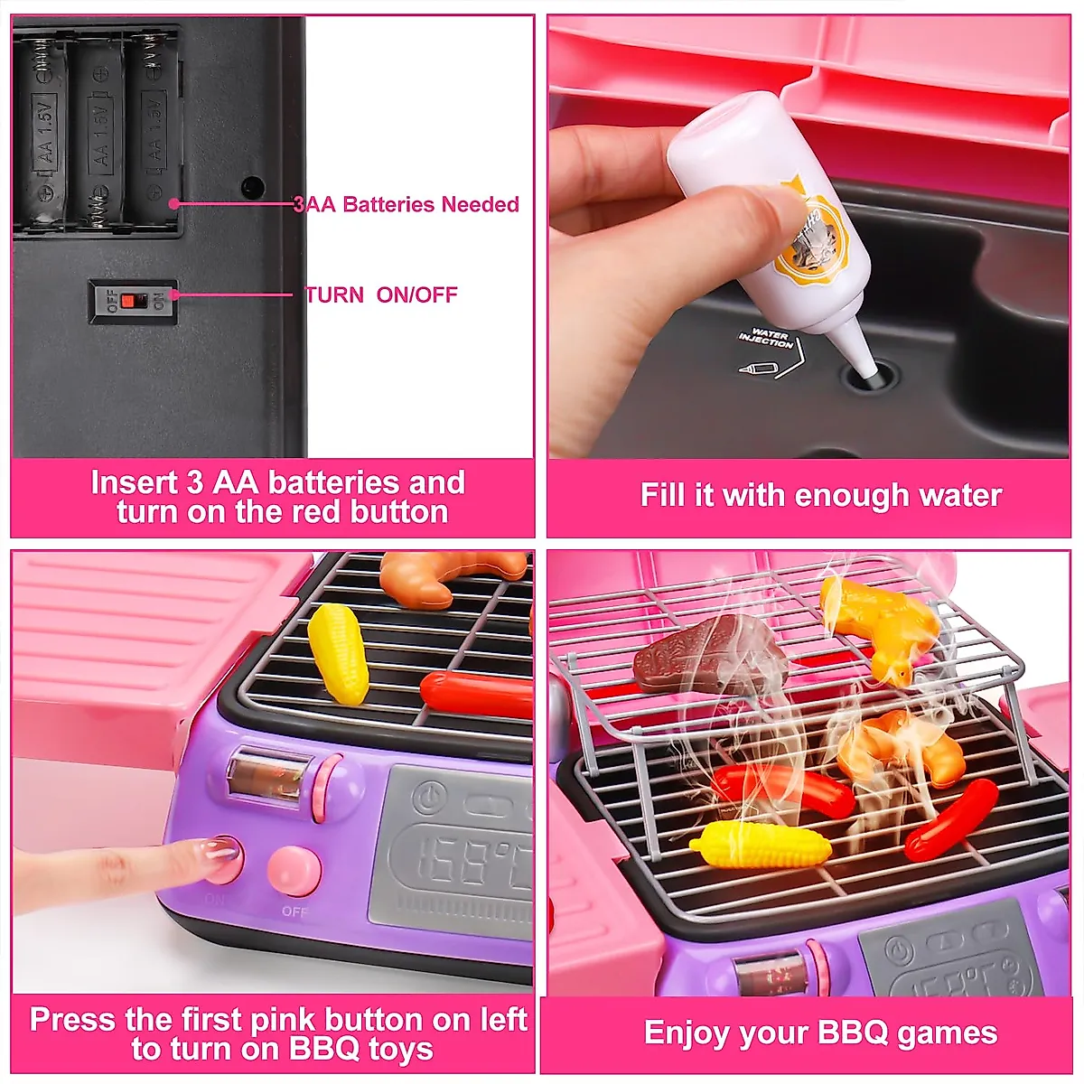 Kids BBQ Grill Playset Kitchen Toy Set with Pretend Smoke Sound Light Toddler Girls Pink Play Food Ages 2-4 3-5 4-8 Indoor Outdoor Cooking Barbecue Toys for 2 3 4 Year Old Girl Birthday Valentine Gift