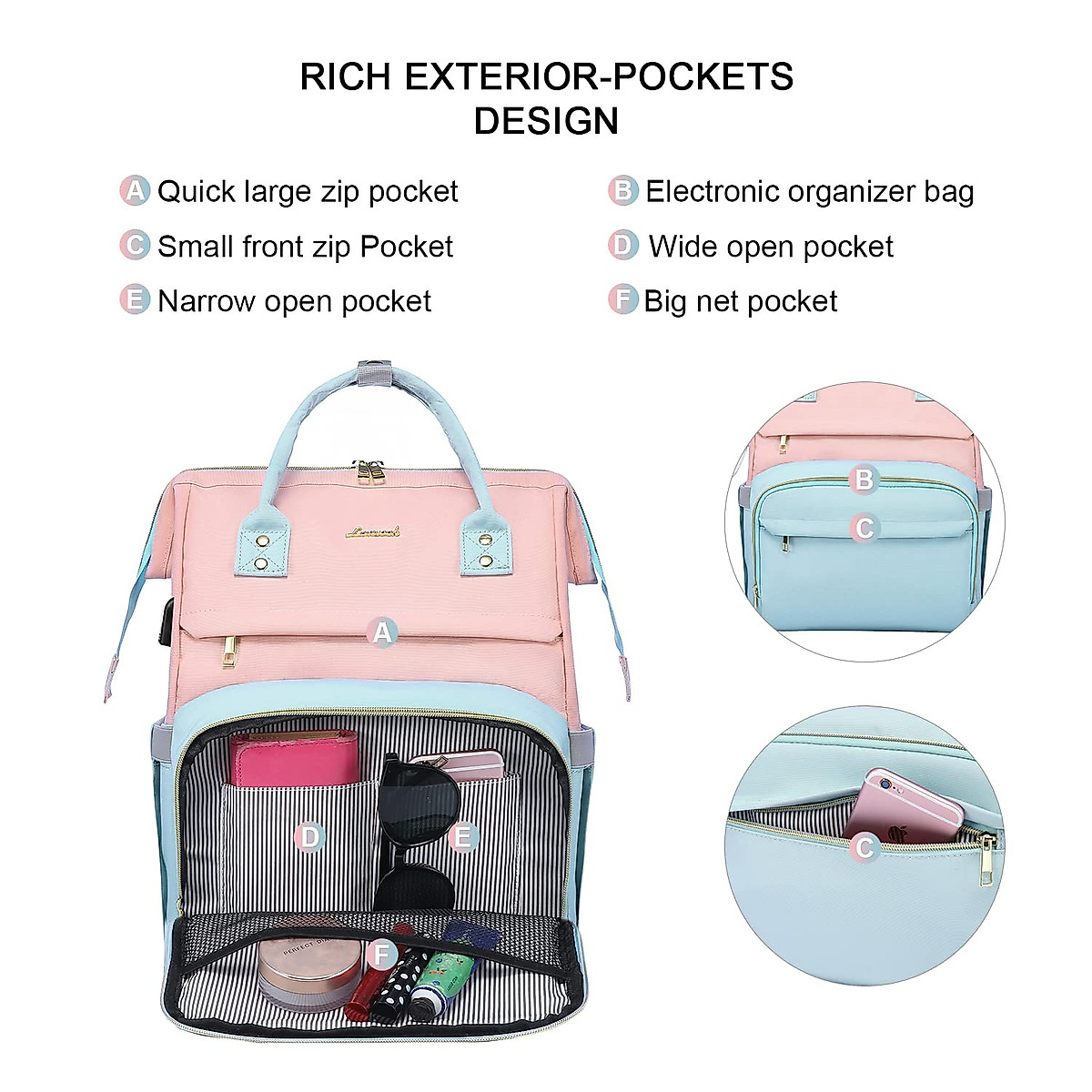 LOVEVOOK Laptop Backpack for Women Fashion Business Computer Backpacks Travel Bags Purse Doctor Nurse Work Backpack with USB Port, Fits 15.6-Inch Laptop Pink-Sky Blue