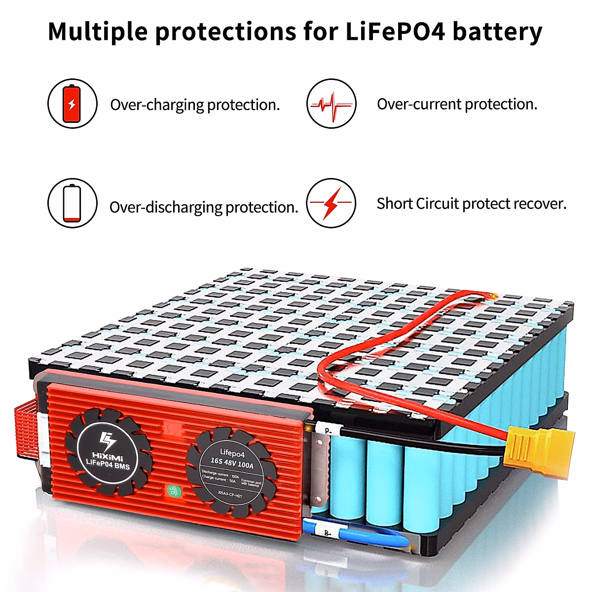 HiXiMi LiFePO4 BMS 16S 48V 200A Lithium Iron Phosphate Battery Management System with Cooling Fan and Balance Leads Wires for DIY LiFePO4 3.2V Battery Cells