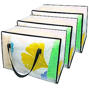 AMJ 3-Pack Clear Clothes Storage Bag with Reinforced Handle, Foldable Heavy-Duty Tote for Space Saving, Vinyl Storage Bag for Comforter, Blanket, Bedding, Duvet, Moving Totes (Clear)