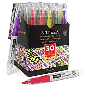 ARTEZA Liquid Highlighter Pens, Set of 30, Narrow Chisel Tip, Bulk Pack of Highlighters in 5 Assorted Colors, Use in Bullet Journal, Notes, or Books