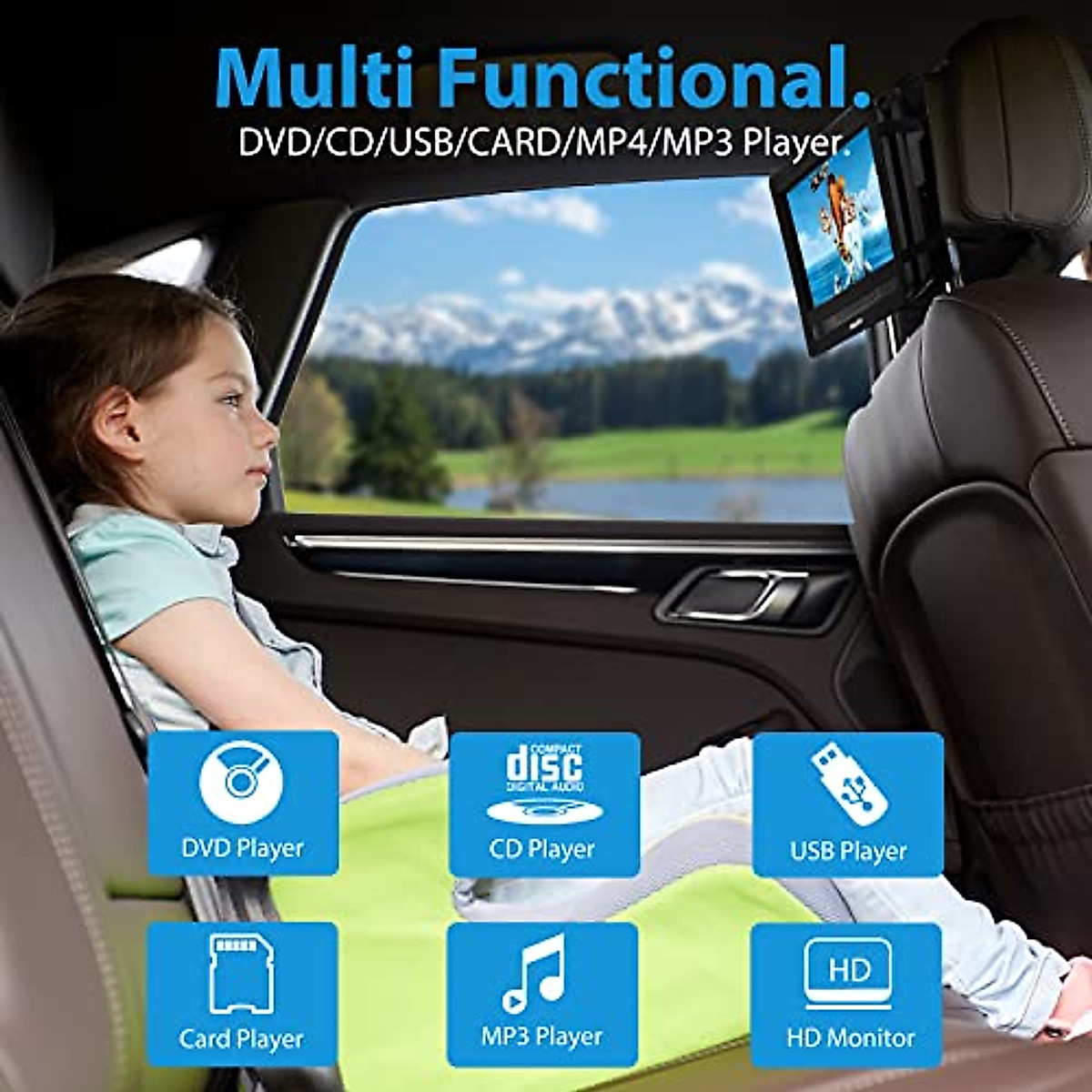 Megatek 12.5" Portable DVD Player with 10.5" HD Swivel Screen, Upgraded 6-Hour Rechargeable Battery, Play CD/DVD/USB/SD Card, Car Headrest Mount, AC Power Adapter, Car Charger, Remote Control